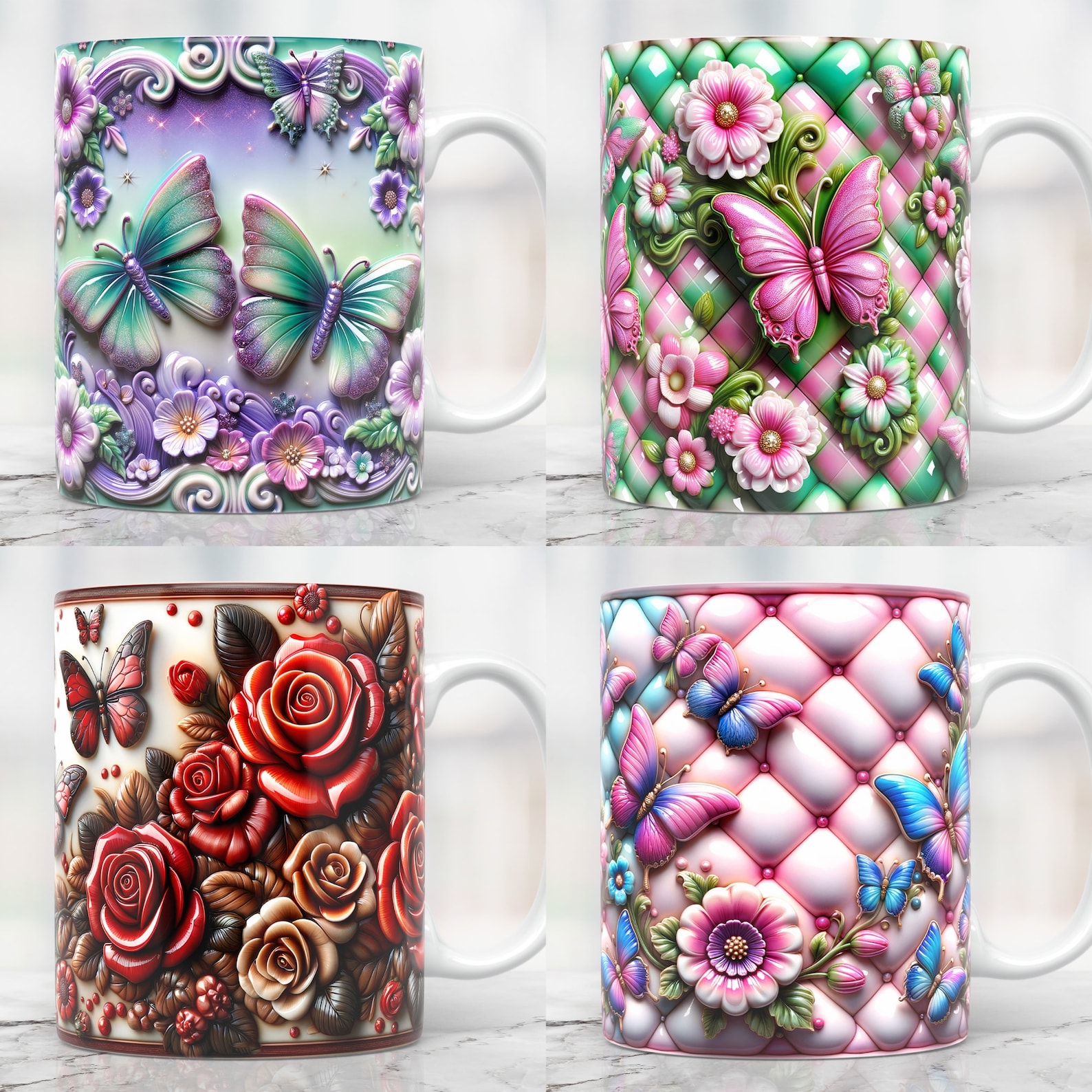 3D Butterfly Mug Wrap Bundle, Floral Mug Sublimation Bundle Png, 11oz ...