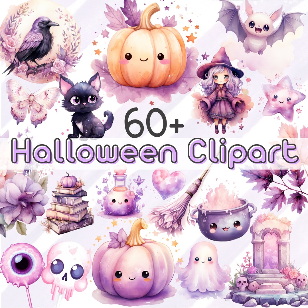 60+ Lilac Halloween Clipart Bundle Pastel Kawaii Pumpkin Clipart PNG ...