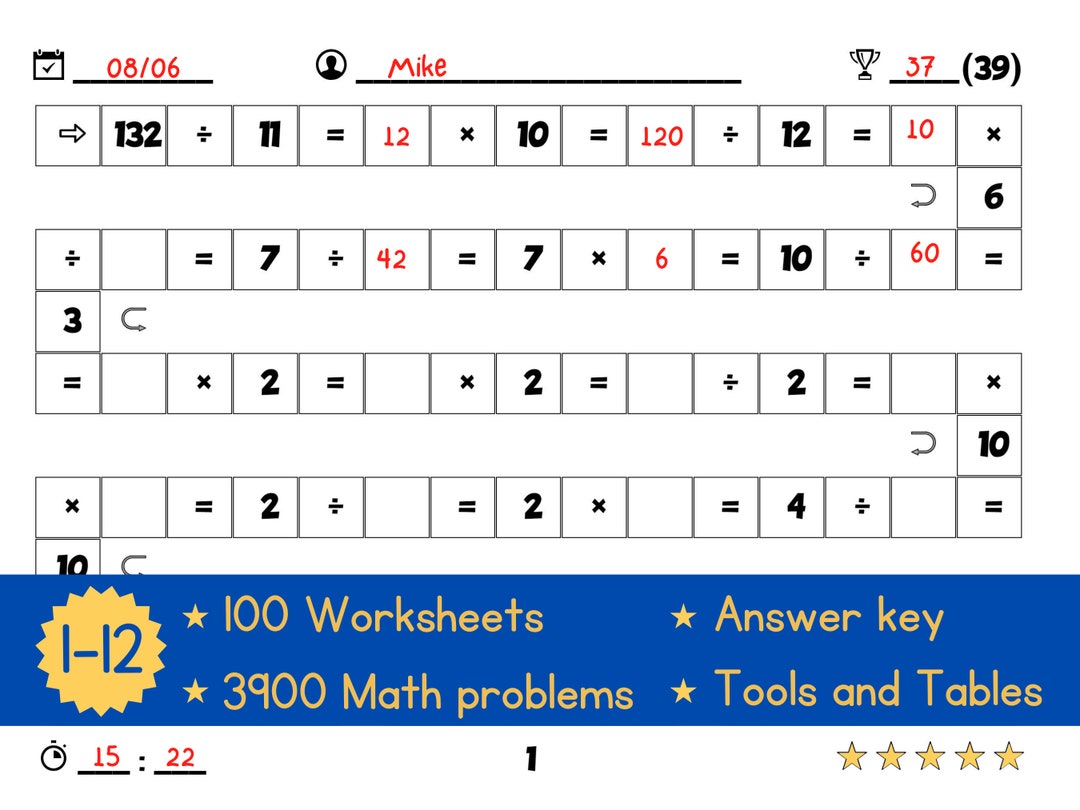 Math Snake 1-12 100 Worksheets Multiplication/division - Etsy