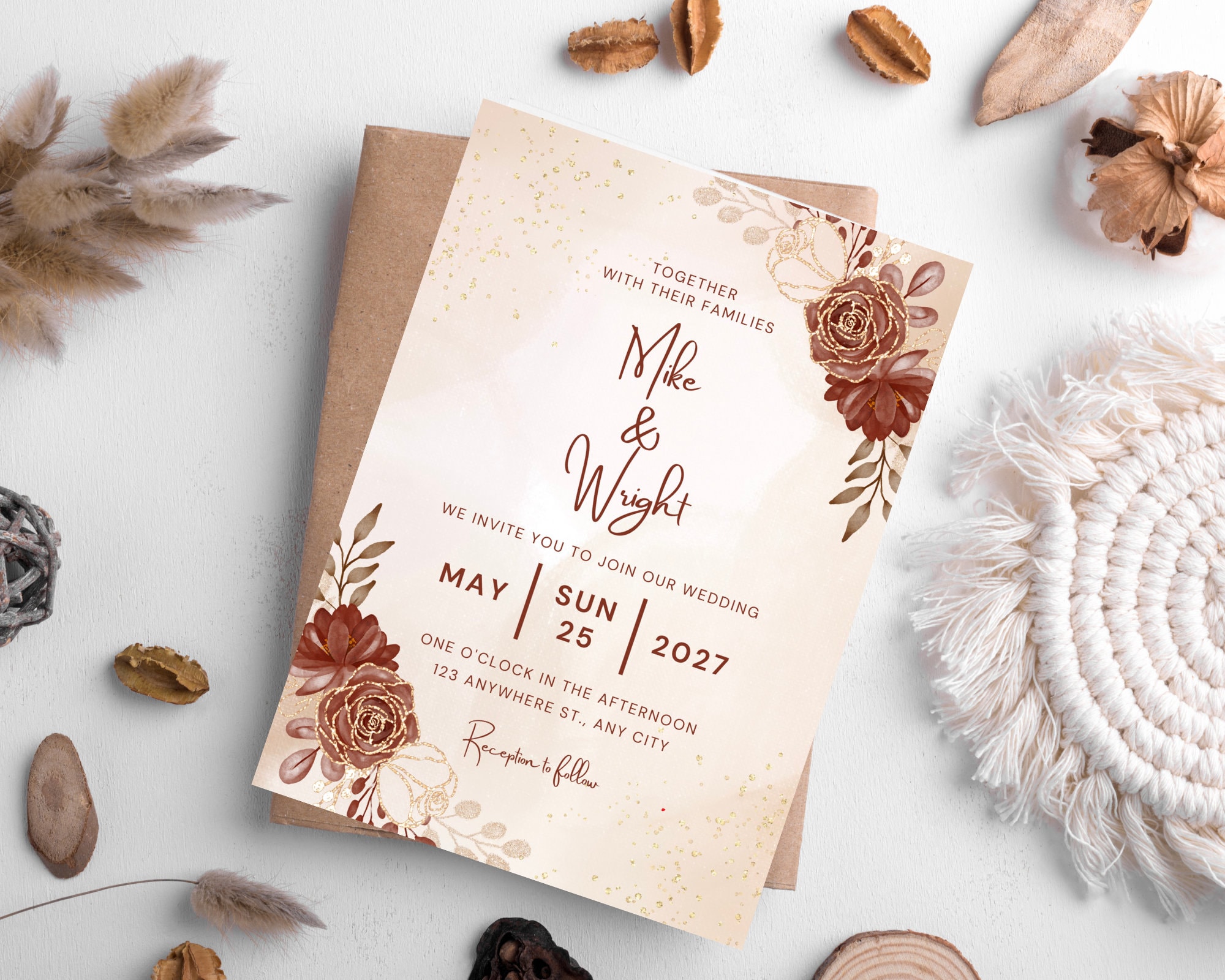 Brown and Cream Watercolor Wedding Invitation Card | Printable and ...