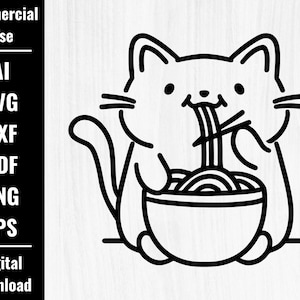 Simple Line Art Noodle Cat Svg | Cute Ramen Cat Clipart | Instant ...