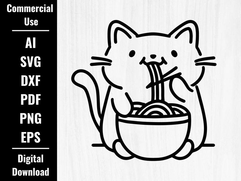 Simple Line Art Noodle Cat Svg | Cute Ramen Cat Clipart | Instant ...