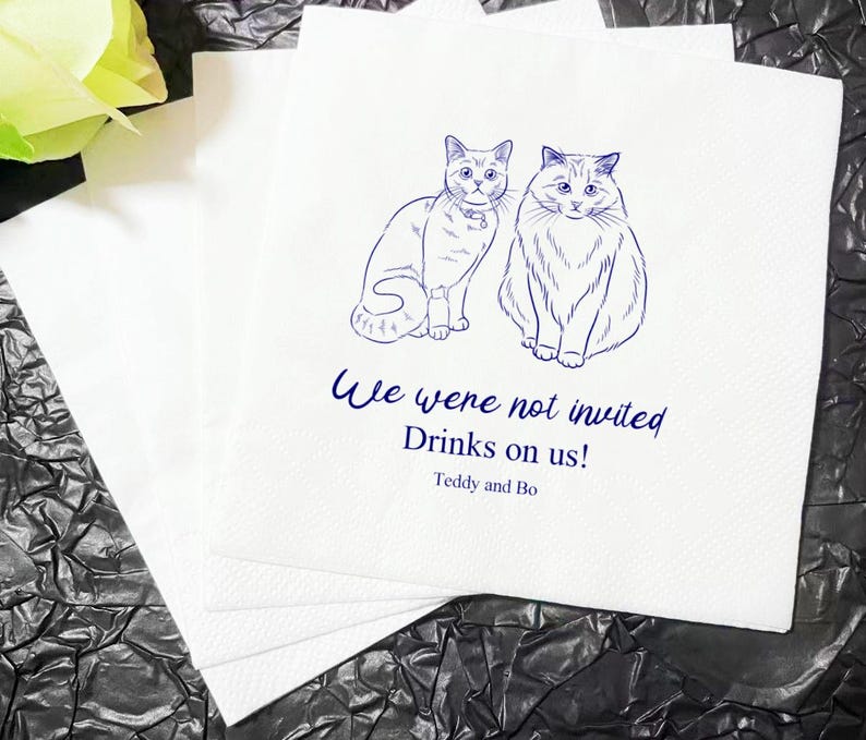 Custom Illustrated Pet Wedding Napkins: Personalized Cat Cocktail ...