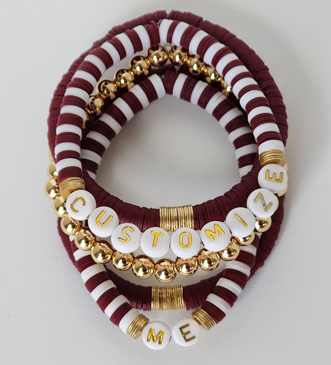 Maroon and White Game Day Heishi Coin Stack, Layering Bracelet, Color ...