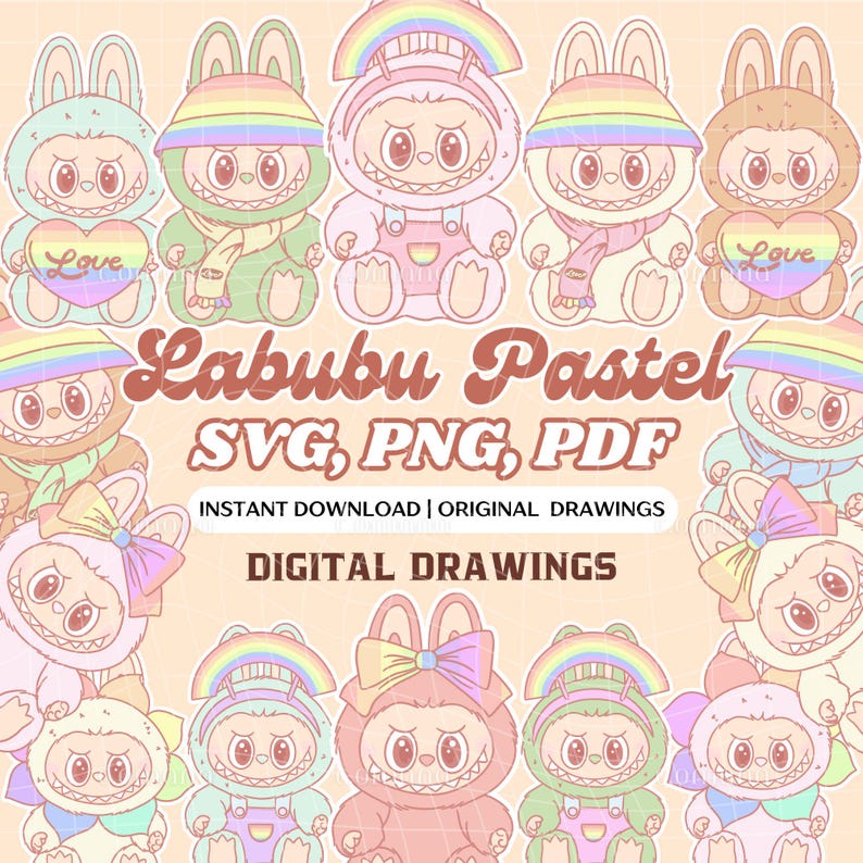 Labubu Pastel Clipart PNG Bundle, Pack of 30 Pastel Labubu Pride Month ...