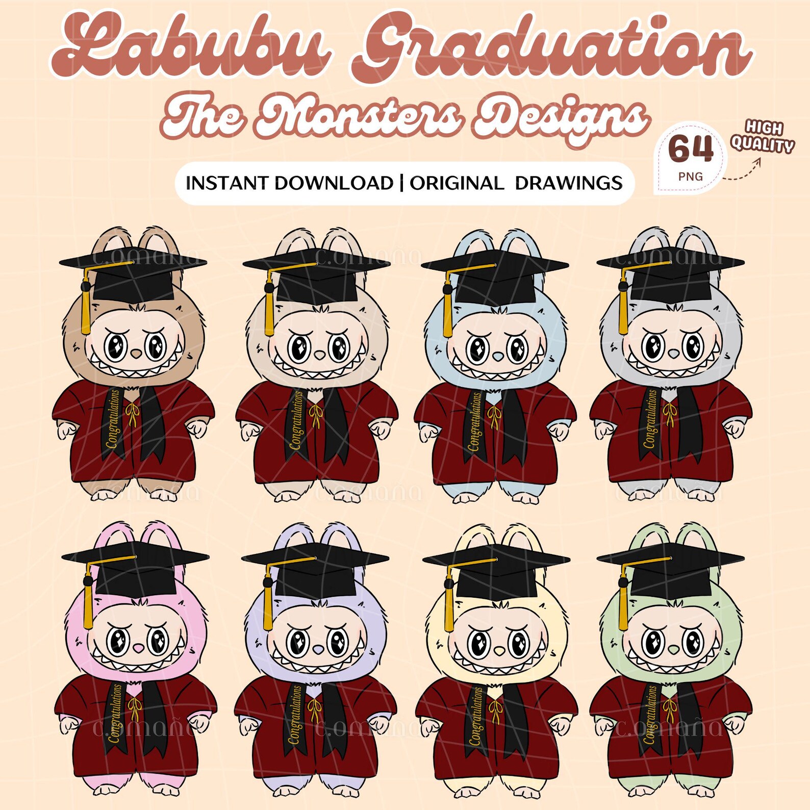 Pack of 64 Labubu Graduation Clipart PNG Bundle, Congratulations ...