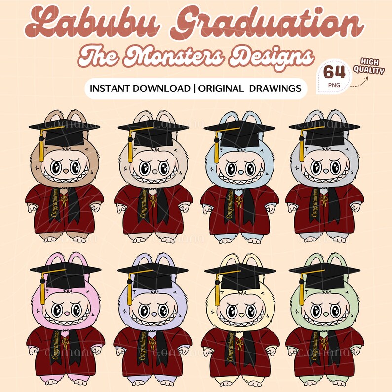 Pack of 64 Labubu Graduation Clipart PNG Bundle, Congratulations Sticker, Batch 2025 Design ...