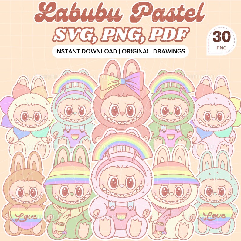Labubu Pastel Clipart PNG Bundle, Pack of 30 Pastel Labubu Pride Month ...