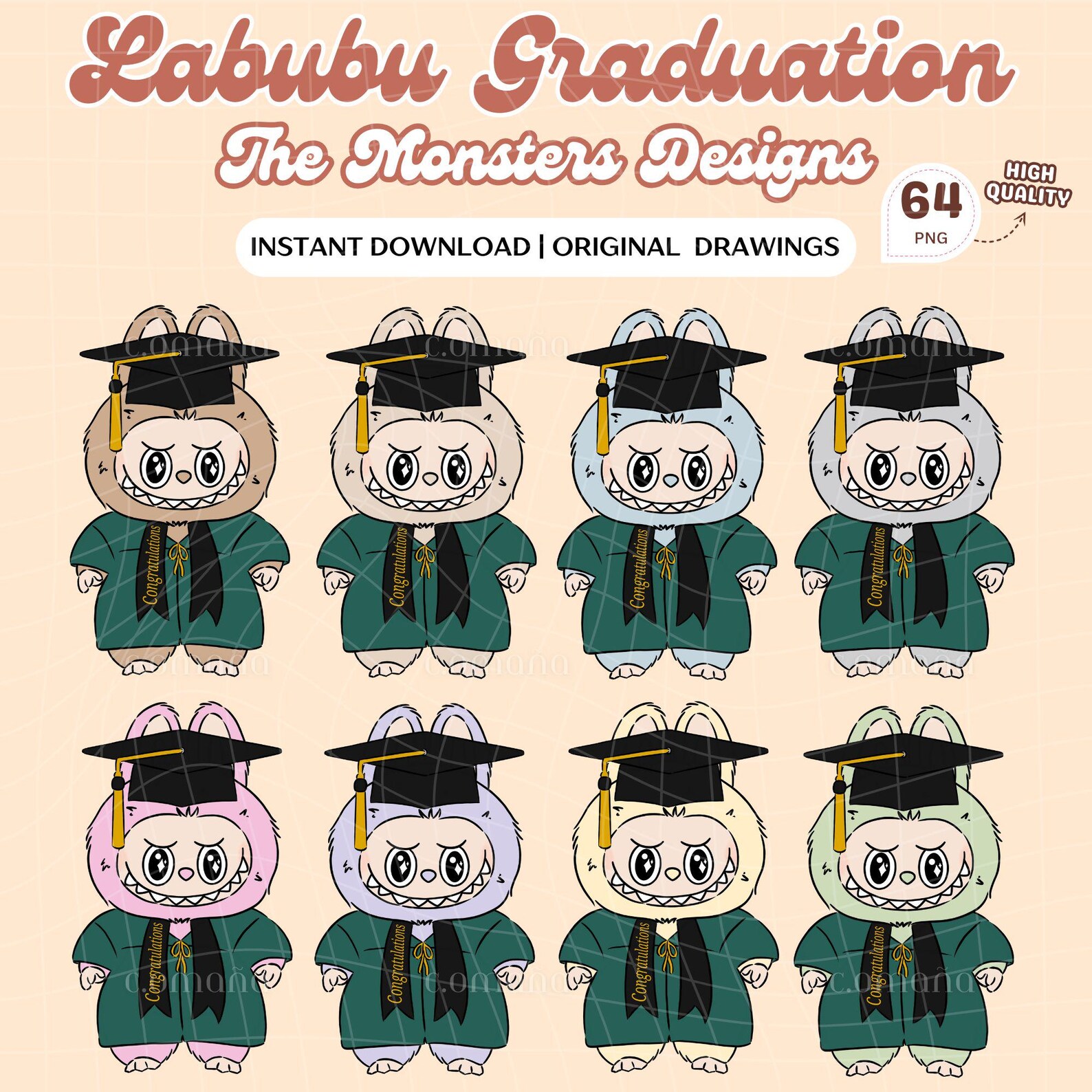 Pack of 64 Labubu Graduation Clipart PNG Bundle, Congratulations ...