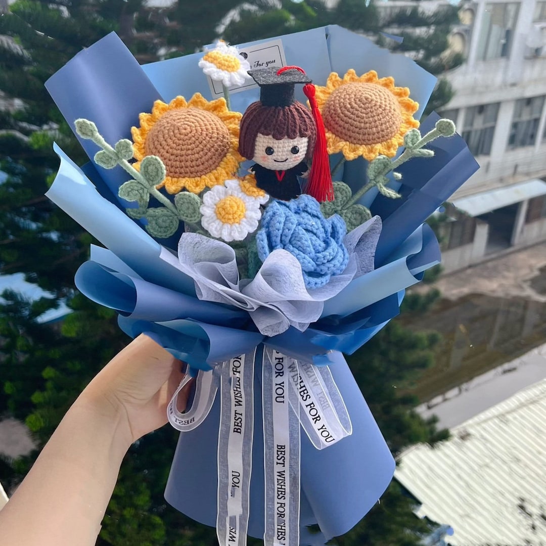 Blue Crochet Flower Bouquetcrochet Rose Flowerknitted Flower - Etsy