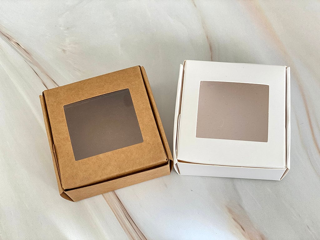 Set of 25 Clear PVC Window Kraft Brown White Custom Paper Boxes ...