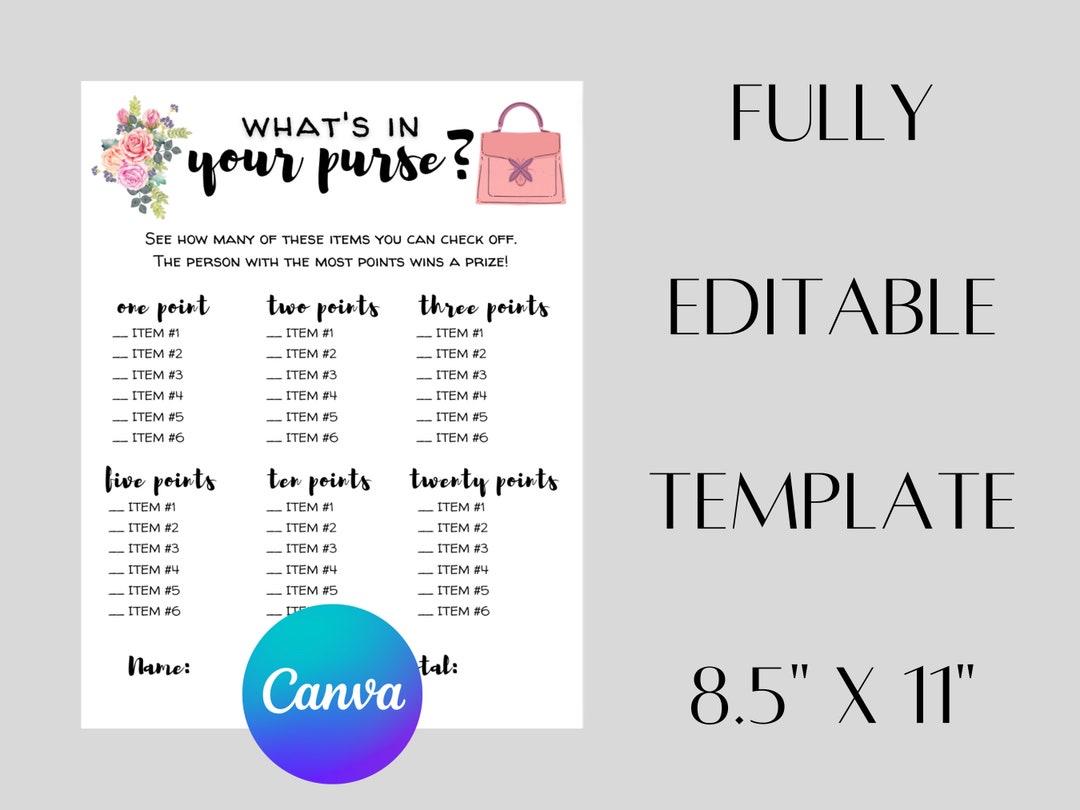 What's in Your Purse Game Canva Template Great for Bridal Shower, Baby ...