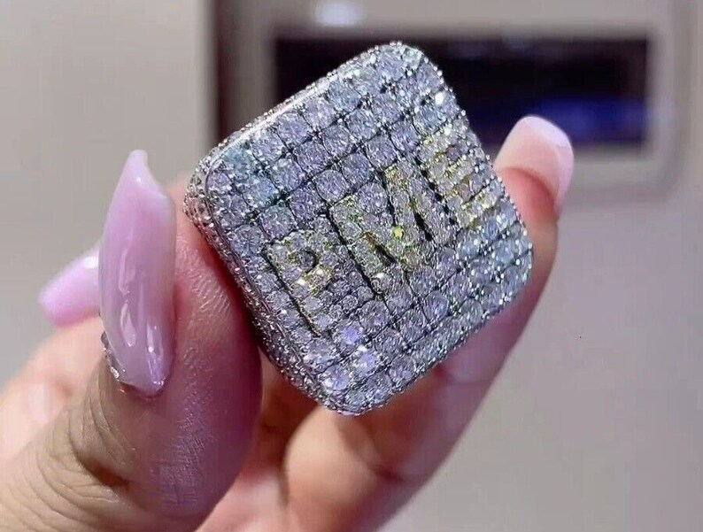Iced Out Diamond Rings Initial Logo Letter Custom Ring Full Iced Out ...