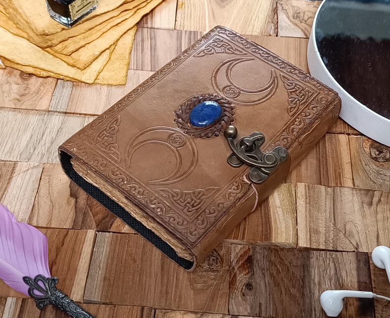 Black Leather Triple Moon Journal: Lapis Crystal Book of Shadows - Etsy