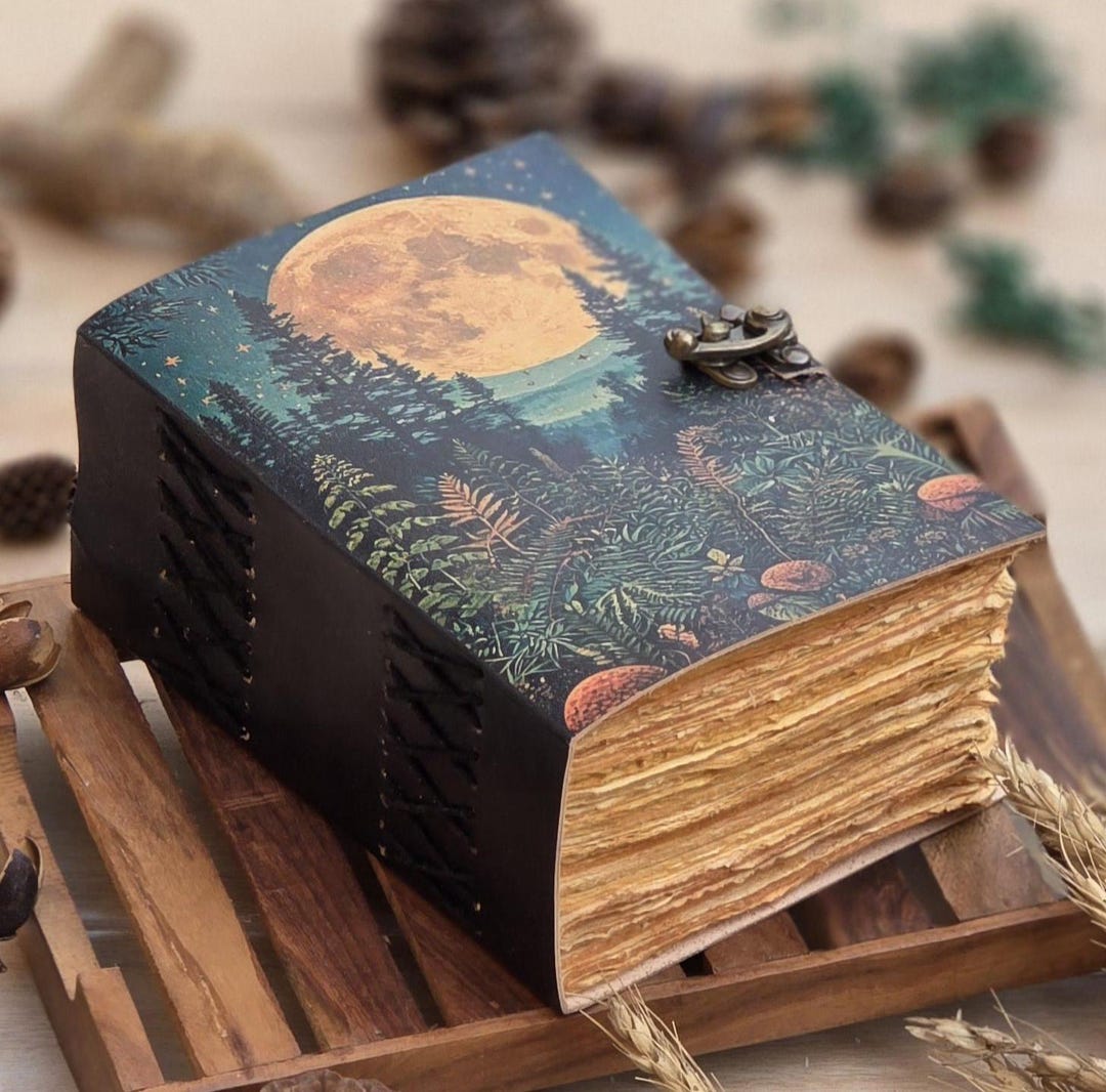 Handmade Leather Journal: Full Moon Forest Design - Witchcraft Grimoire ...