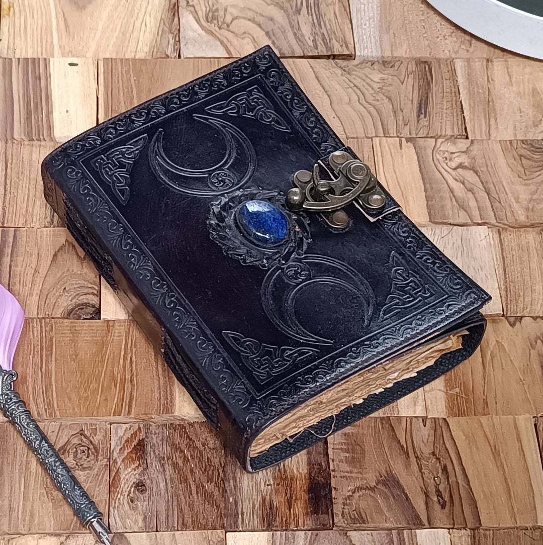 Black Triple Moon Crystal Leather Journal, Blank Witche Spell Book of ...