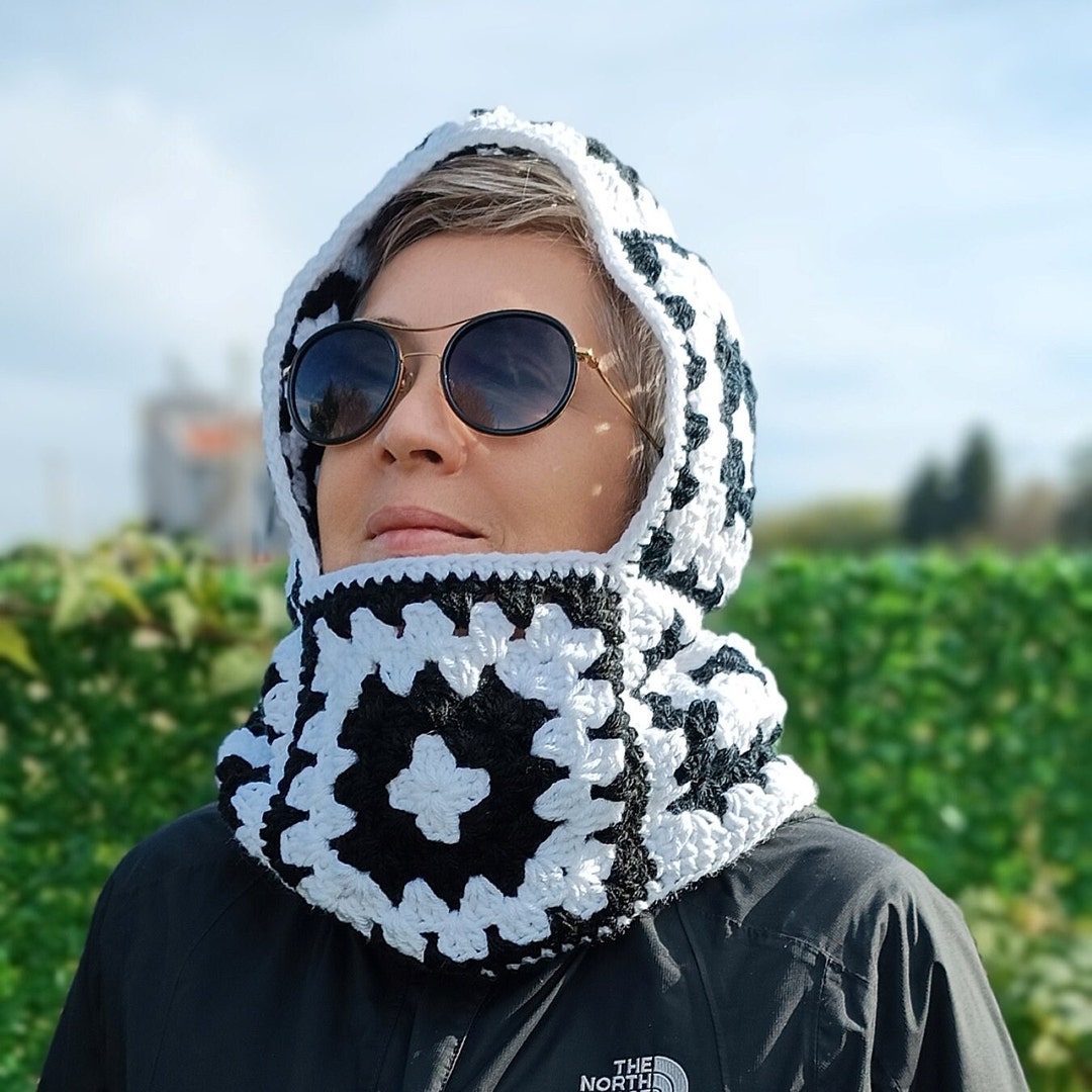 Black White Knit Balaclava,granny Square Balaclava,unisex Balaclava ...