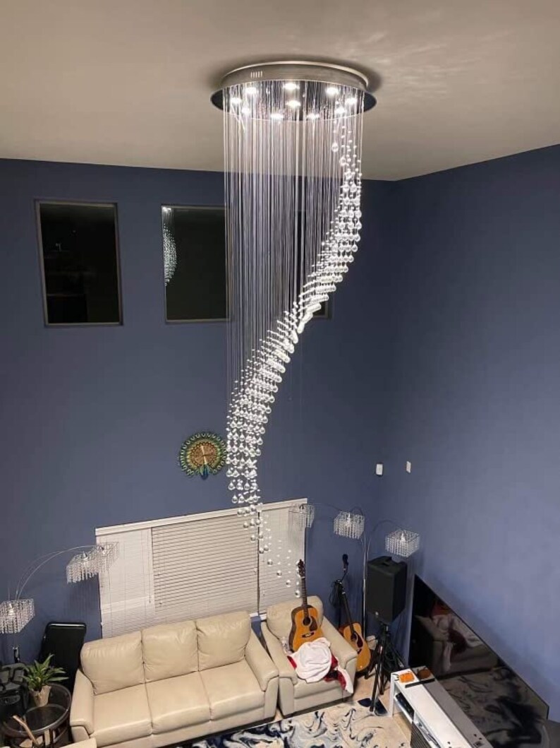 Modern Spiral Staircase Chandelier Large Rain Drop Crystal Flush Mount ...