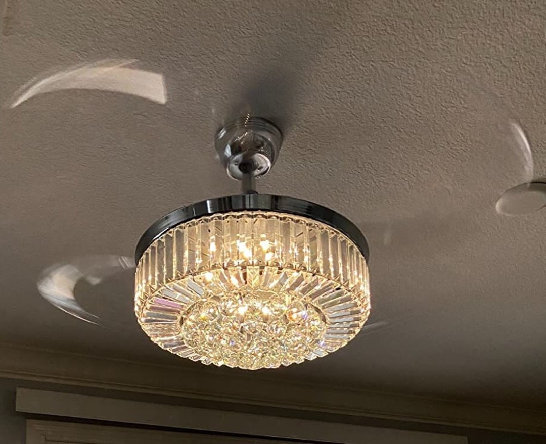 Modern Dimmable Crystal Fandelier, Retractable Blades Ceiling Fans With ...
