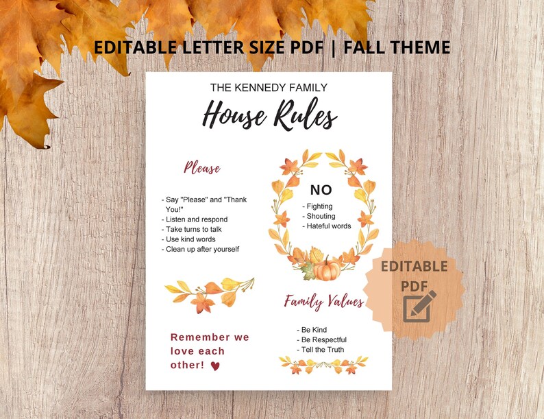 Editable House Rules for Kids, House Rule Wall Art, Family Rule Wall ...