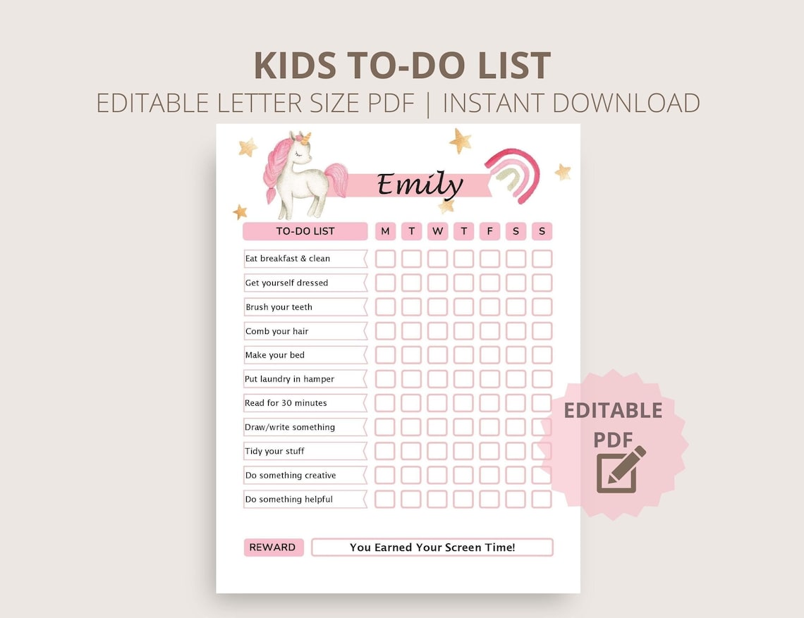 Editable Kids Chore Chart Printable, Personalized Kids Daily Schedule ...