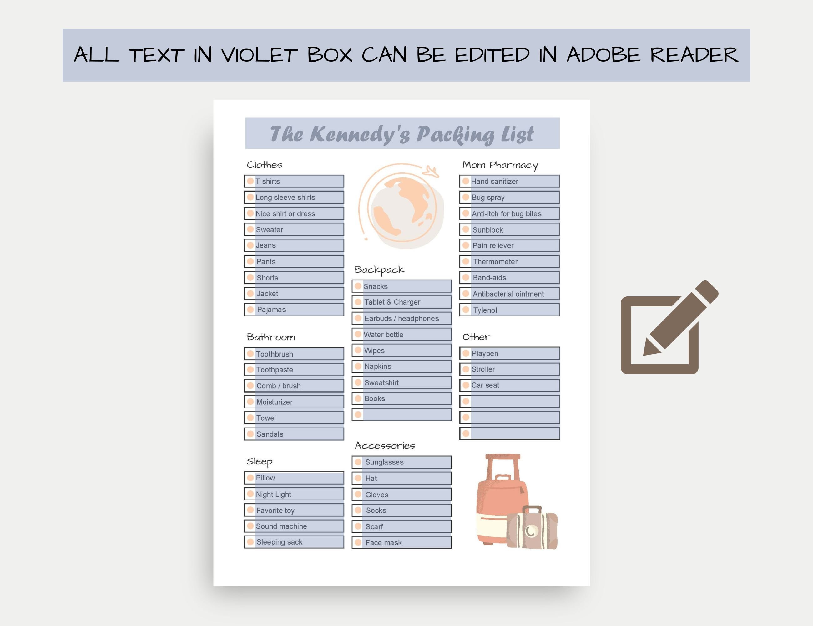 Editable Travel Packing List for Parents, Personalized Packing ...