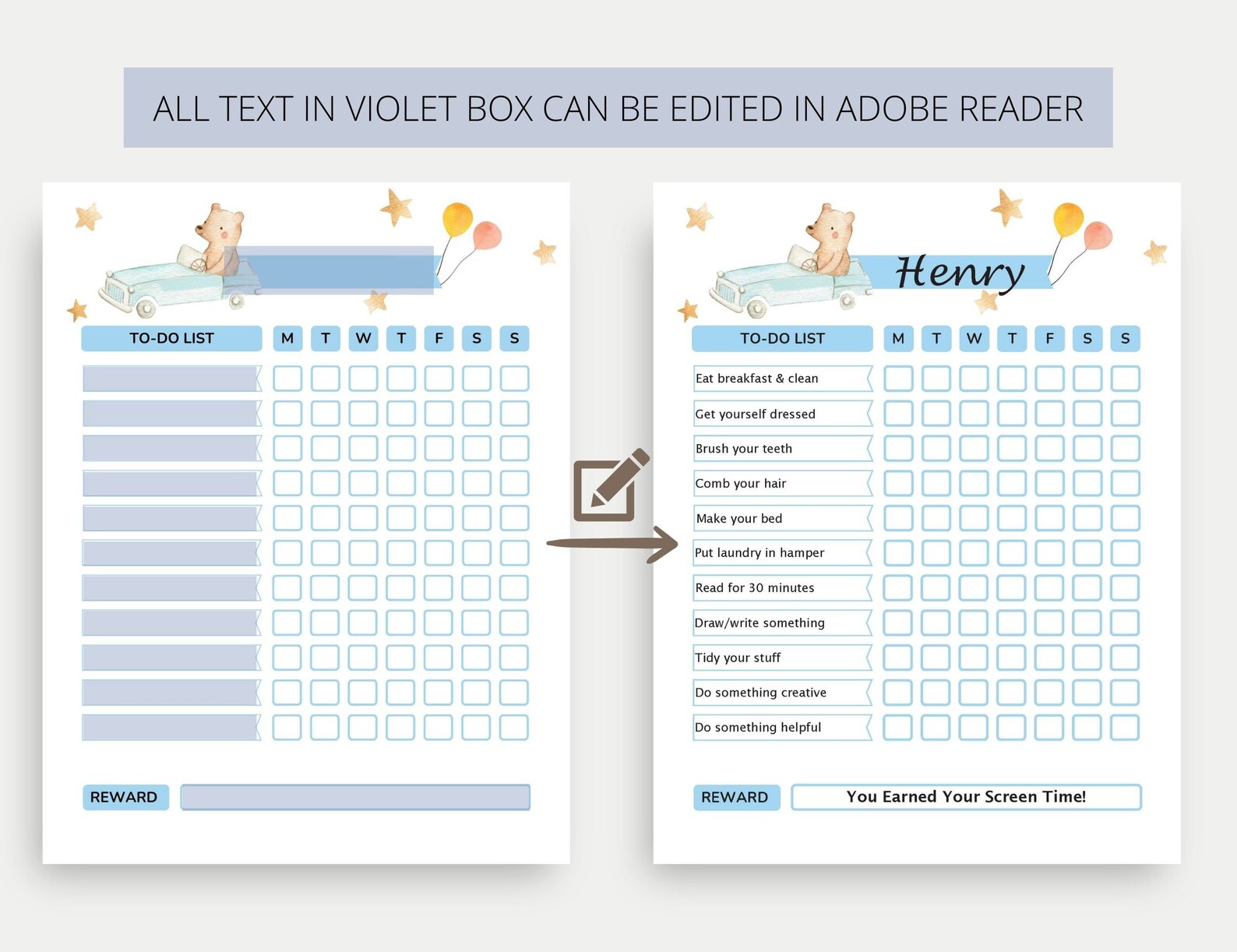 Editable Kids Chore Chart Printable, Personalized Kids Daily Schedule ...