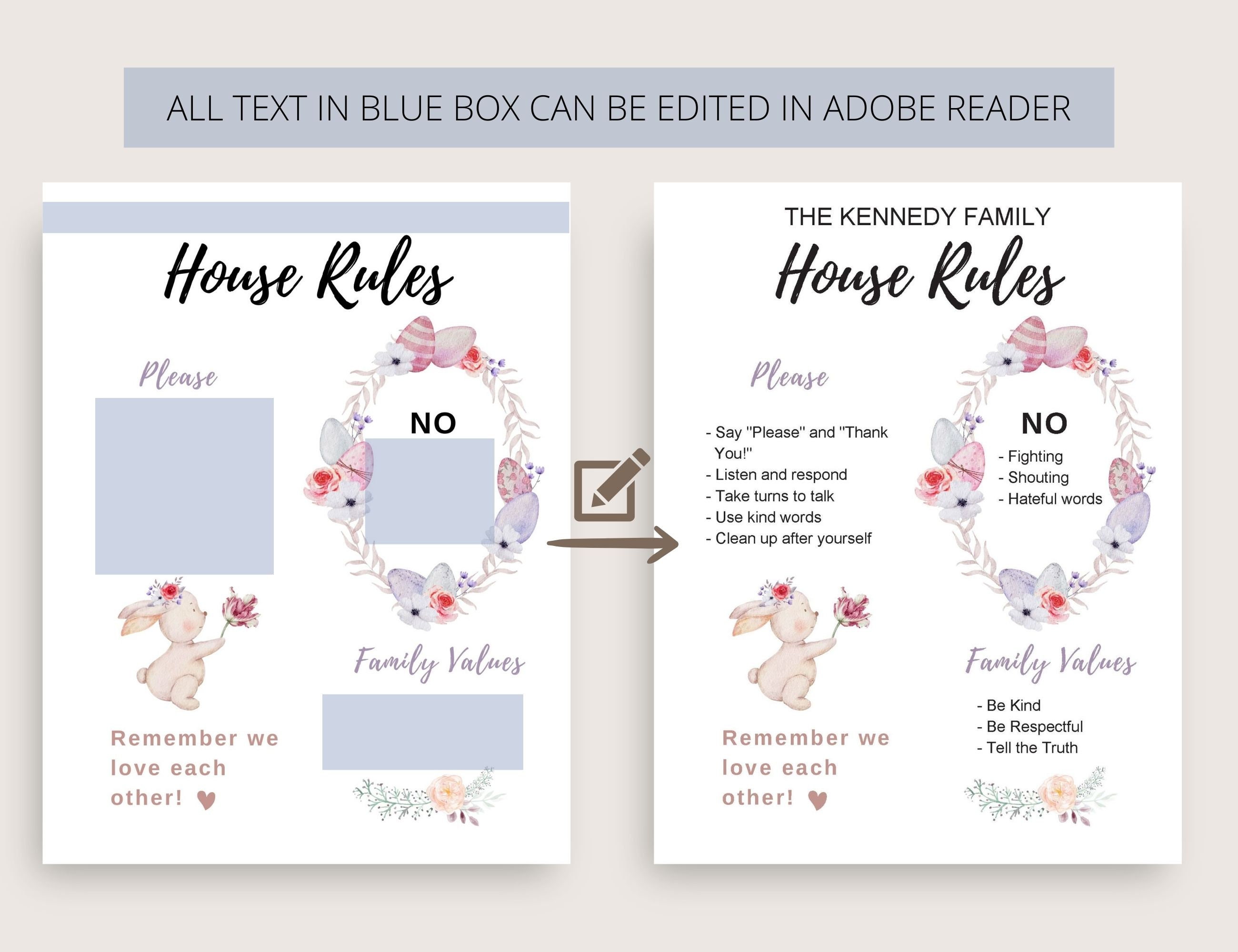 Editable House Rules for Kids, House Rule Wall Art, Easter Wall Art ...