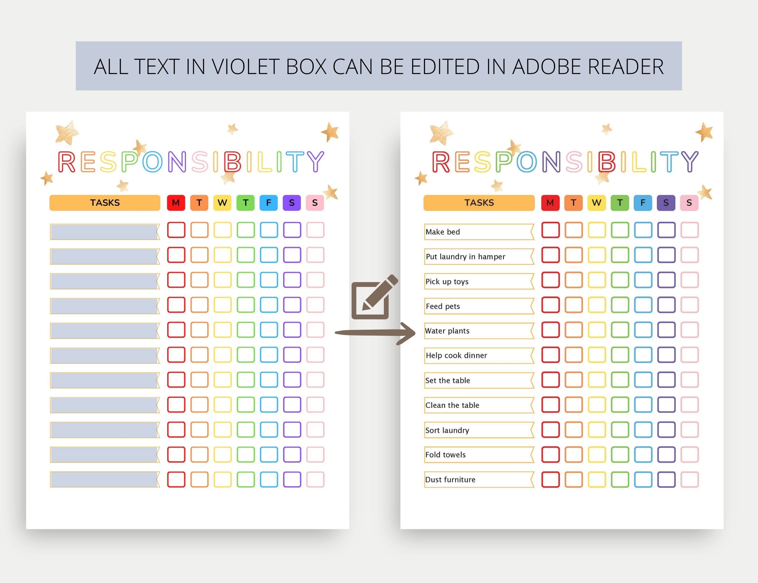 Editable Kids Chore Chart PDF, Responsibility Chart, Personalized Daily ...