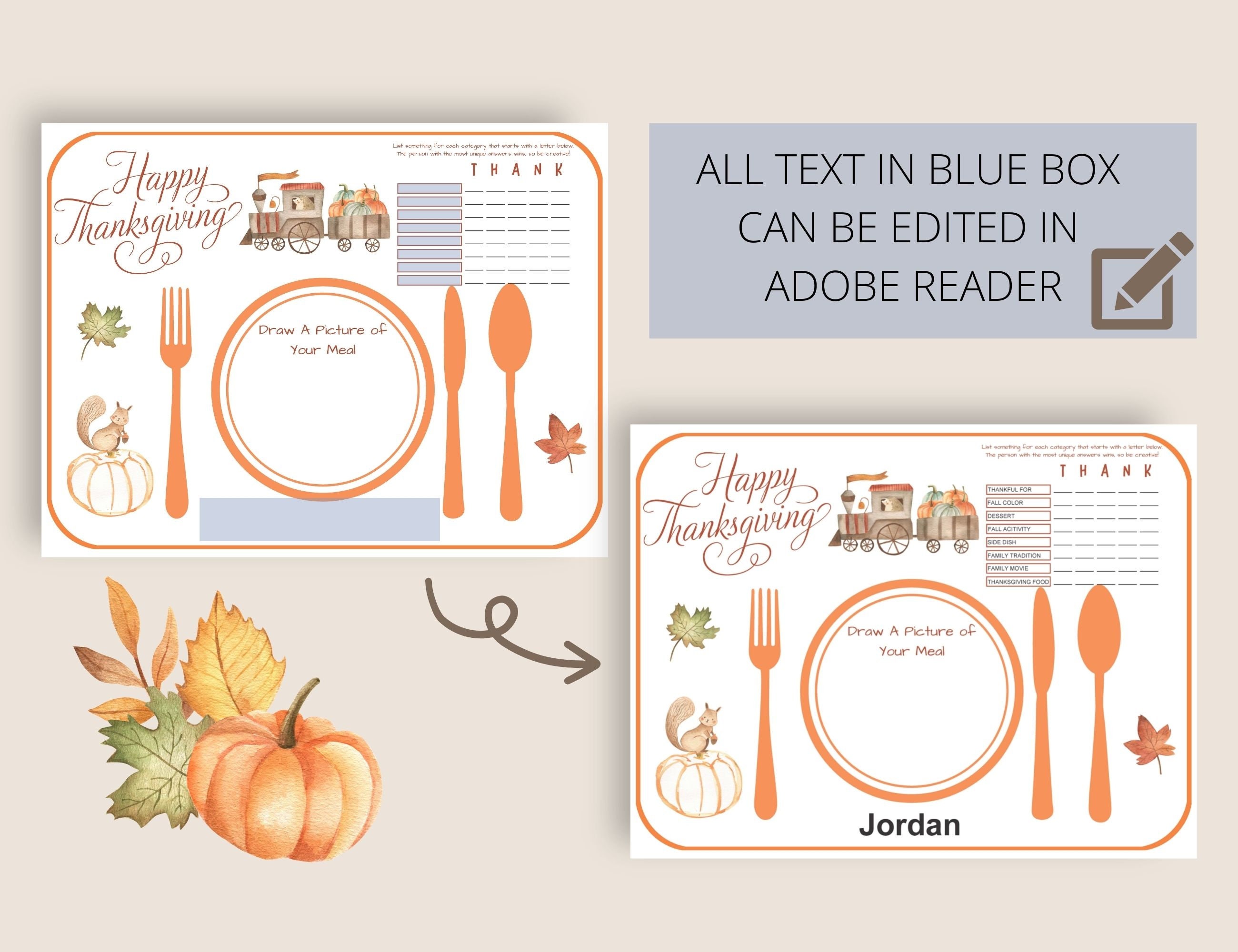 Editable Thanksgiving Placemat for Kids, Thanksgiving Place Card ...