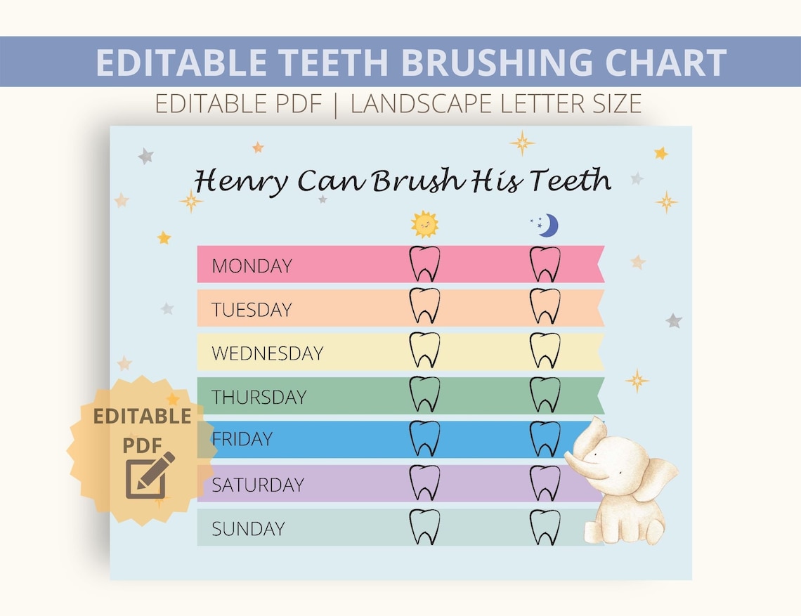 Editable Kids Teeth Brushing Chart, Personalized Brush Teeth Chart ...