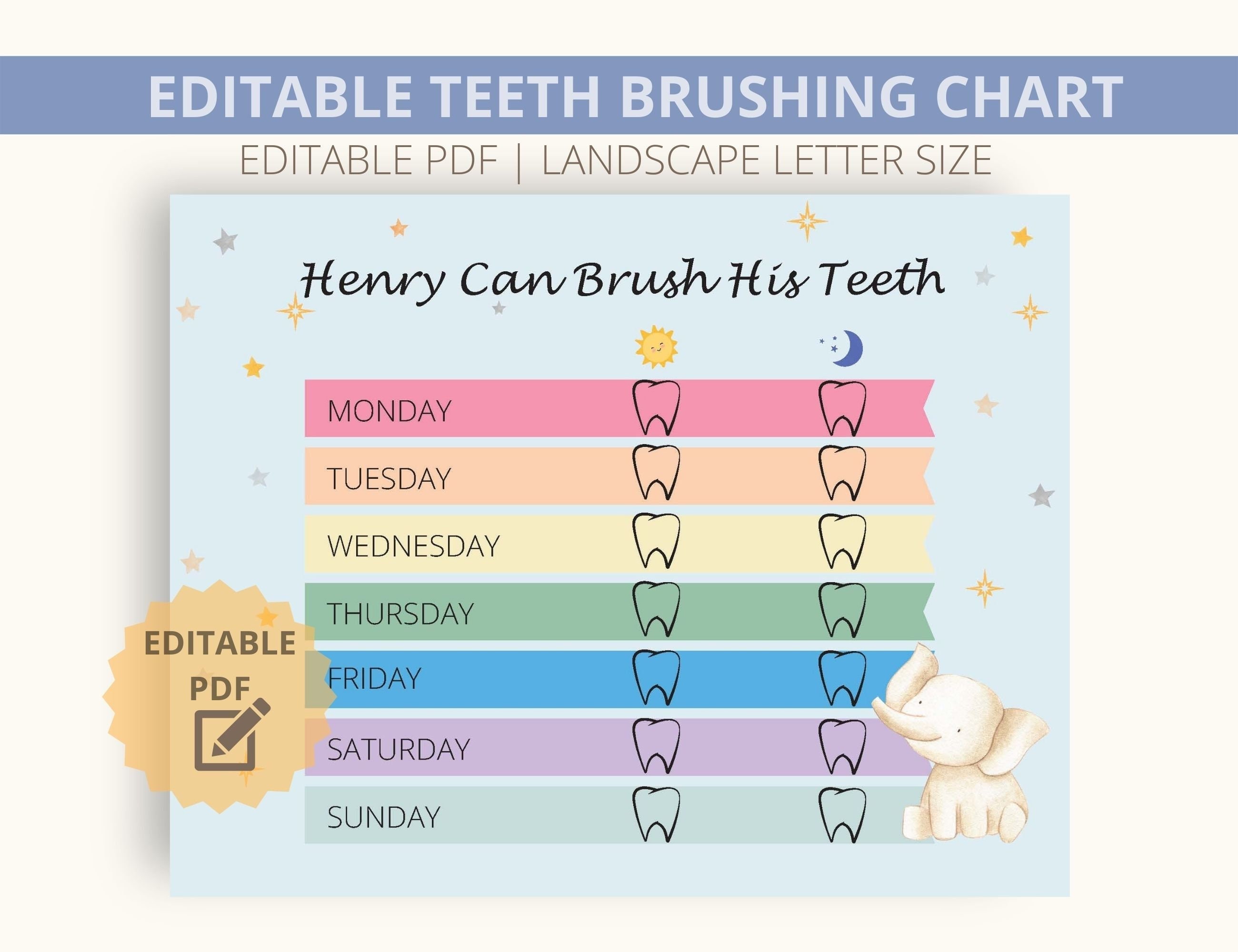 Editable Kids Teeth Brushing Chart, Personalized Brush Teeth Chart ...