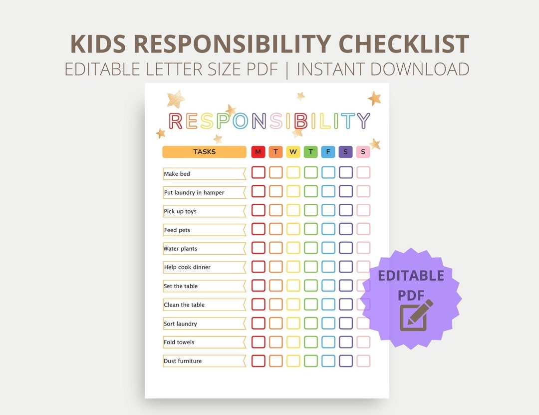 Editable Kids Chore Chart PDF, Responsibility Chart, Personalized Daily ...