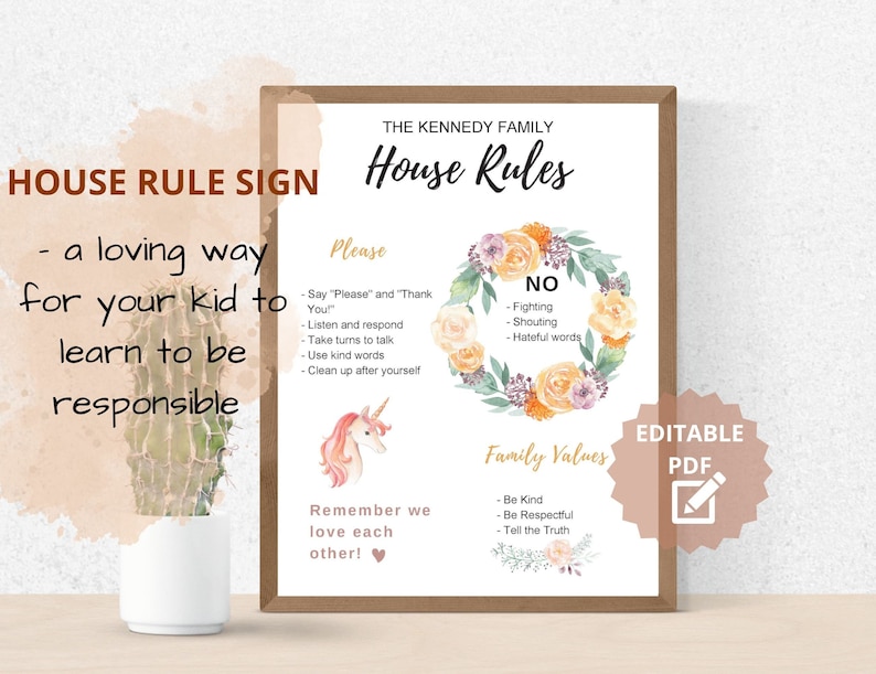 Editable House Rules for Kids, House Rule Wall Art, Family Rule Wall ...