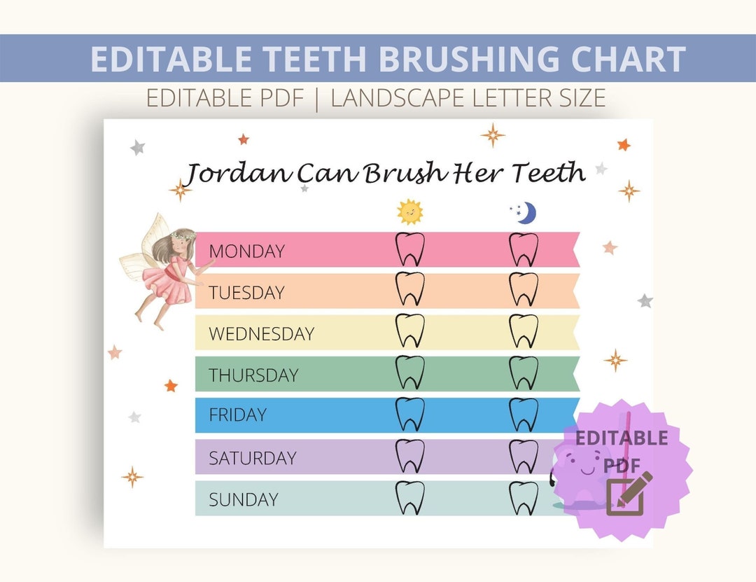 Editable Kids Teeth Brushing Chart, Personalized Brush Teeth Chart ...