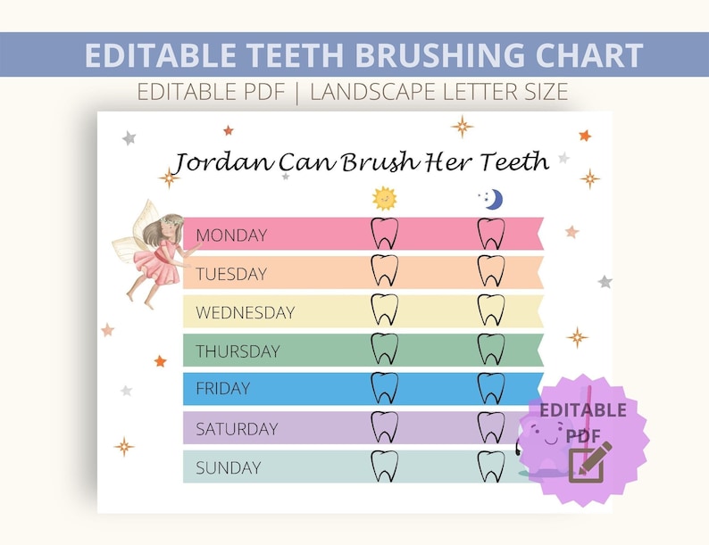 Editable Kids Teeth Brushing Chart, Personalized Brush Teeth Chart ...