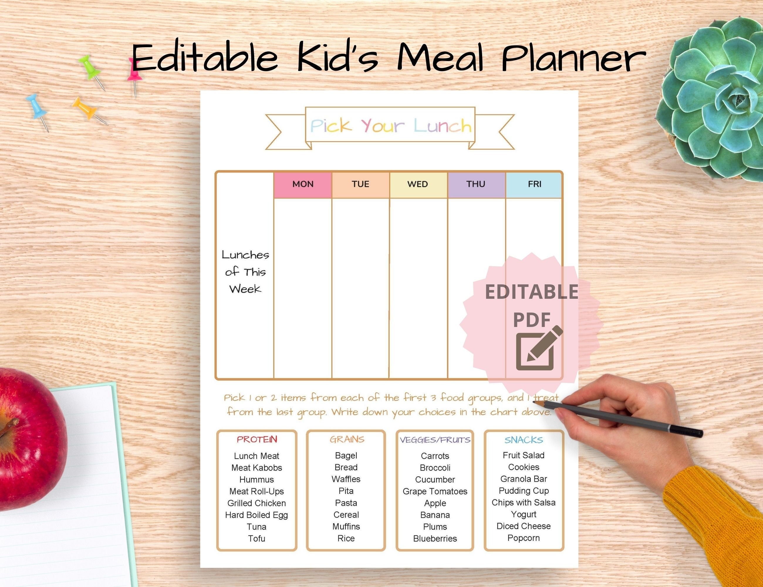 Editable Kids Lunch Meal Planner, Kids Lunch Box Printable, School ...