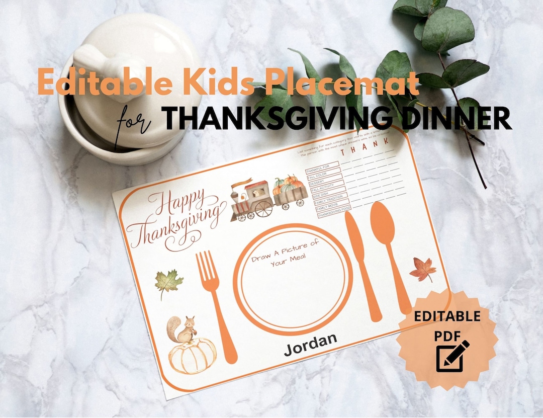 Editable Thanksgiving Placemat for Kids, Thanksgiving Place Card ...