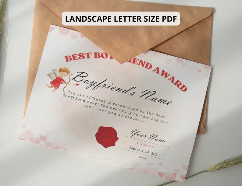 Editable Best Boyfriend Award Certificate Template, Printable Editable ...