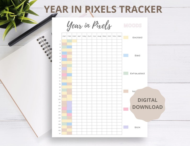 Year in Pixels Printable, Bill Tracker, Birthday Tracker, Mood Tracker ...