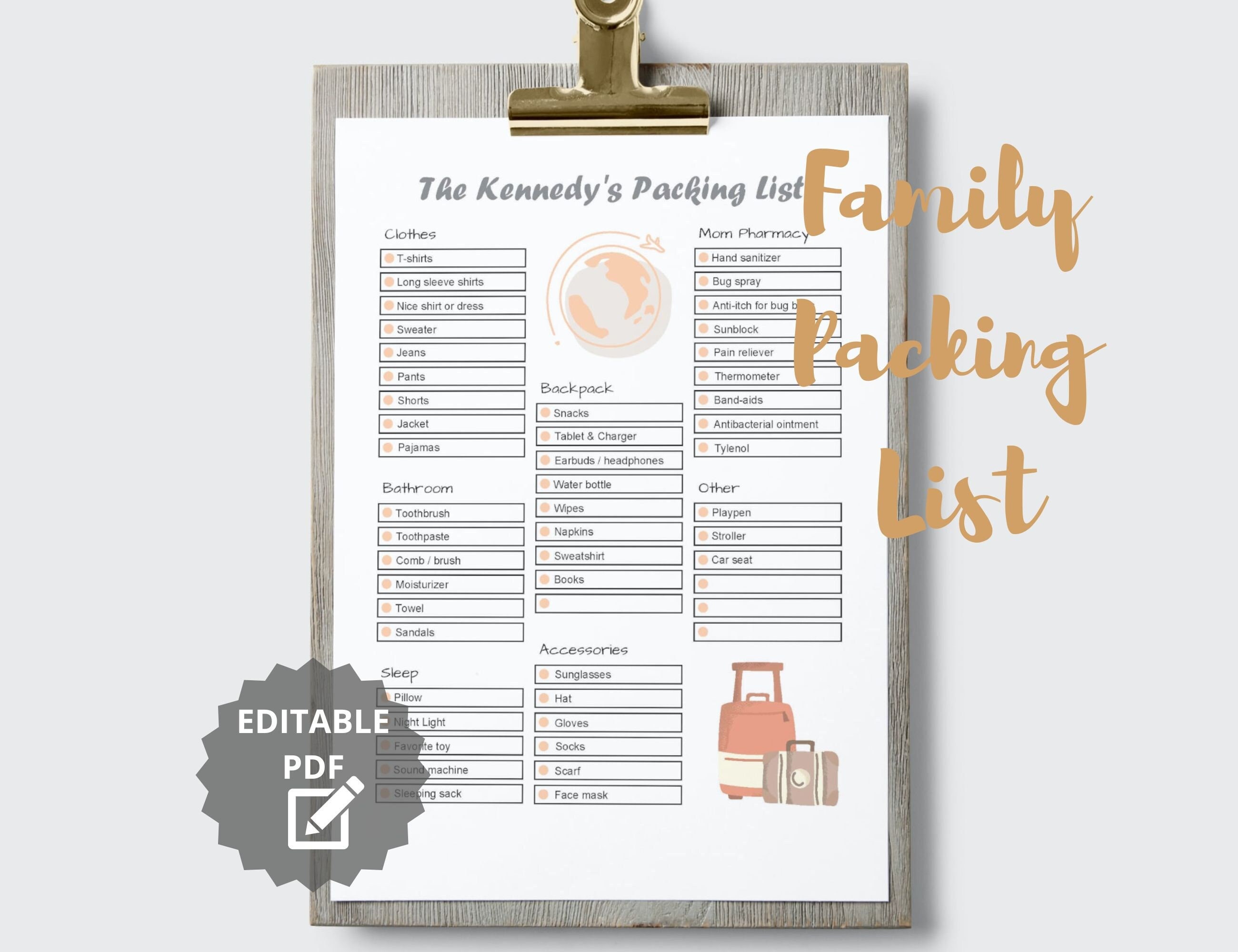 Editable Travel Packing List for Parents, Personalized Packing ...