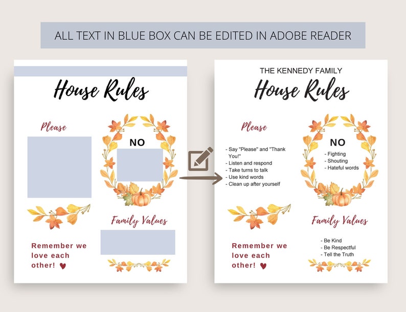 Editable House Rules for Kids, House Rule Wall Art, Family Rule Wall ...
