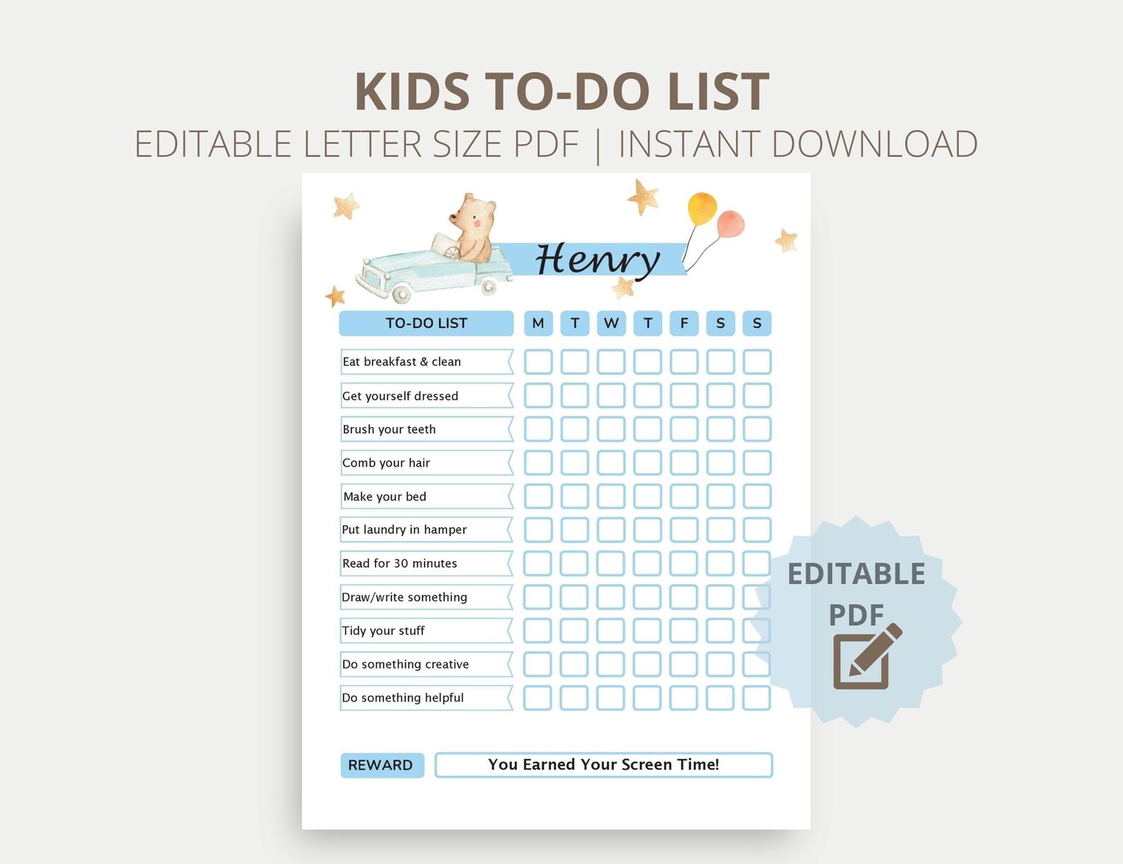 Editable Kids Chore Chart Printable Personalized Kids Daily - Etsy