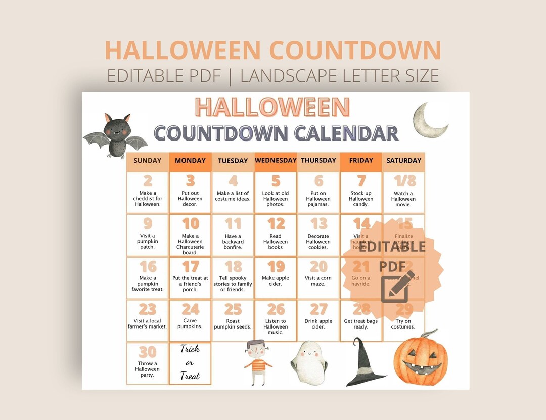 Editable Halloween Countdown Calendar Printable, Personalized Halloween ...