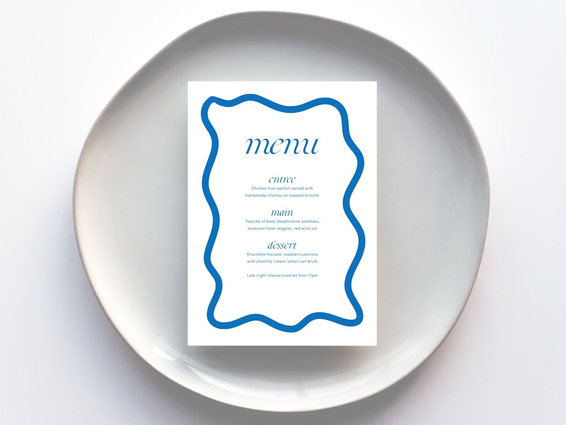 Classic Blue Menu Drinks and Place Card Template Wavy - Etsy