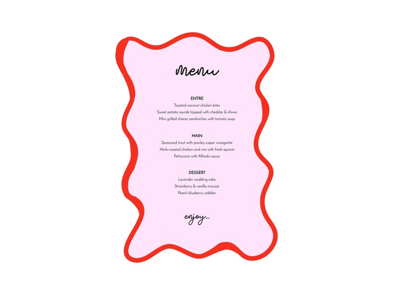 Pink & Red Wavy Menu Template Hand Drawn Wedding/bridal - Etsy