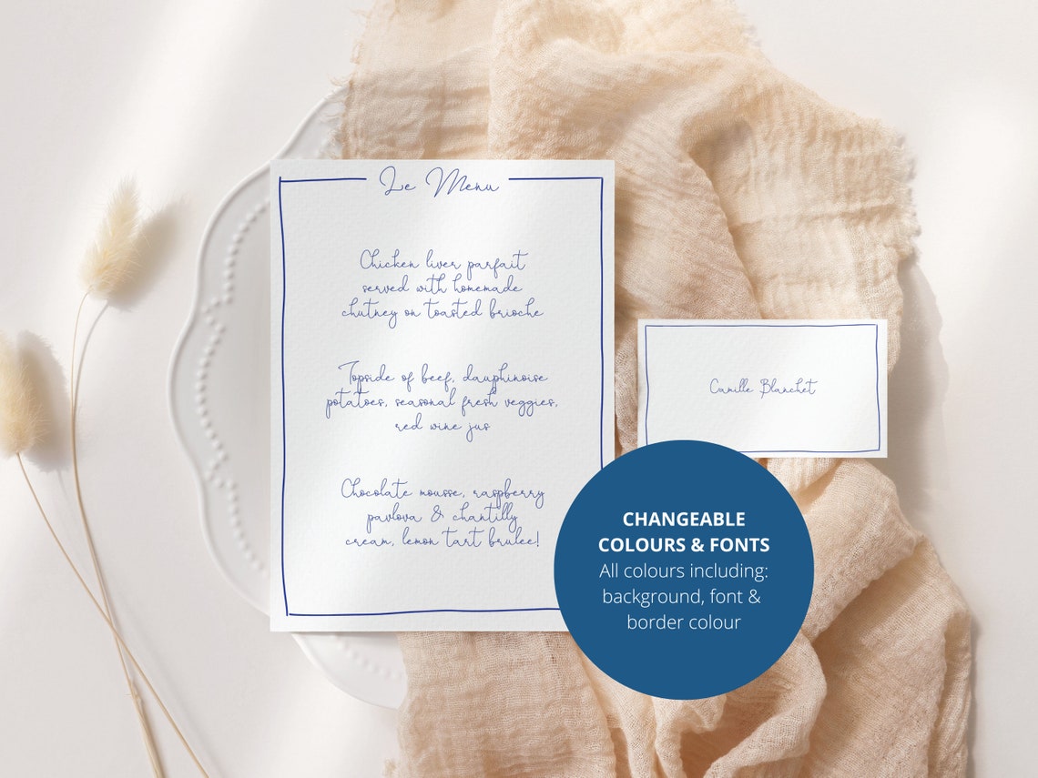 French Inspired Menu & Place Card Template Set Hand Drawn - Etsy
