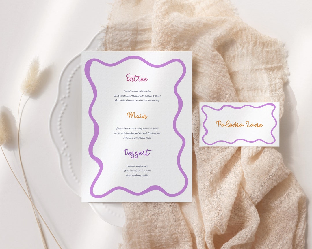 Wavy Purple Menu and Place Card Template Set, Hand Drawn, Wedding ...