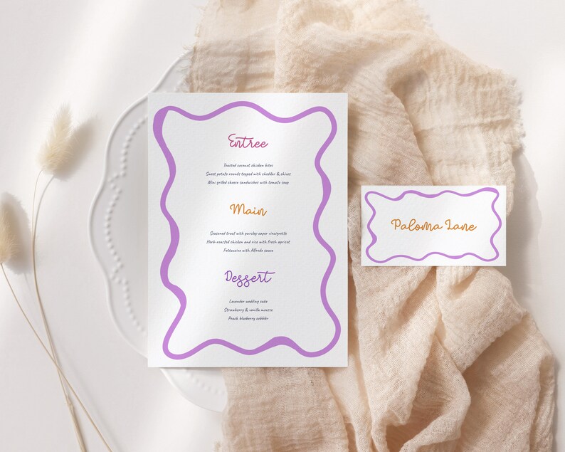 Wavy Purple Menu and Place Card Template Set Hand Drawn - Etsy