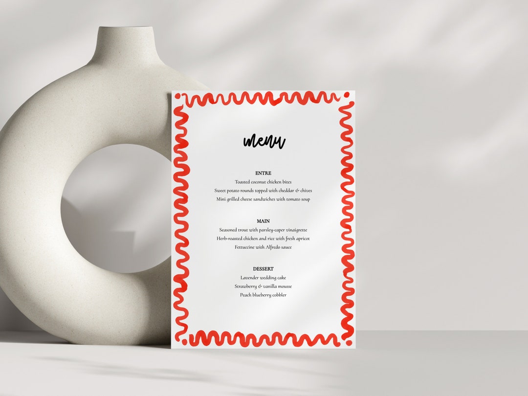Red Wavy Menu Template, Hand Drawn, Wedding/bridal Shower Menu ...